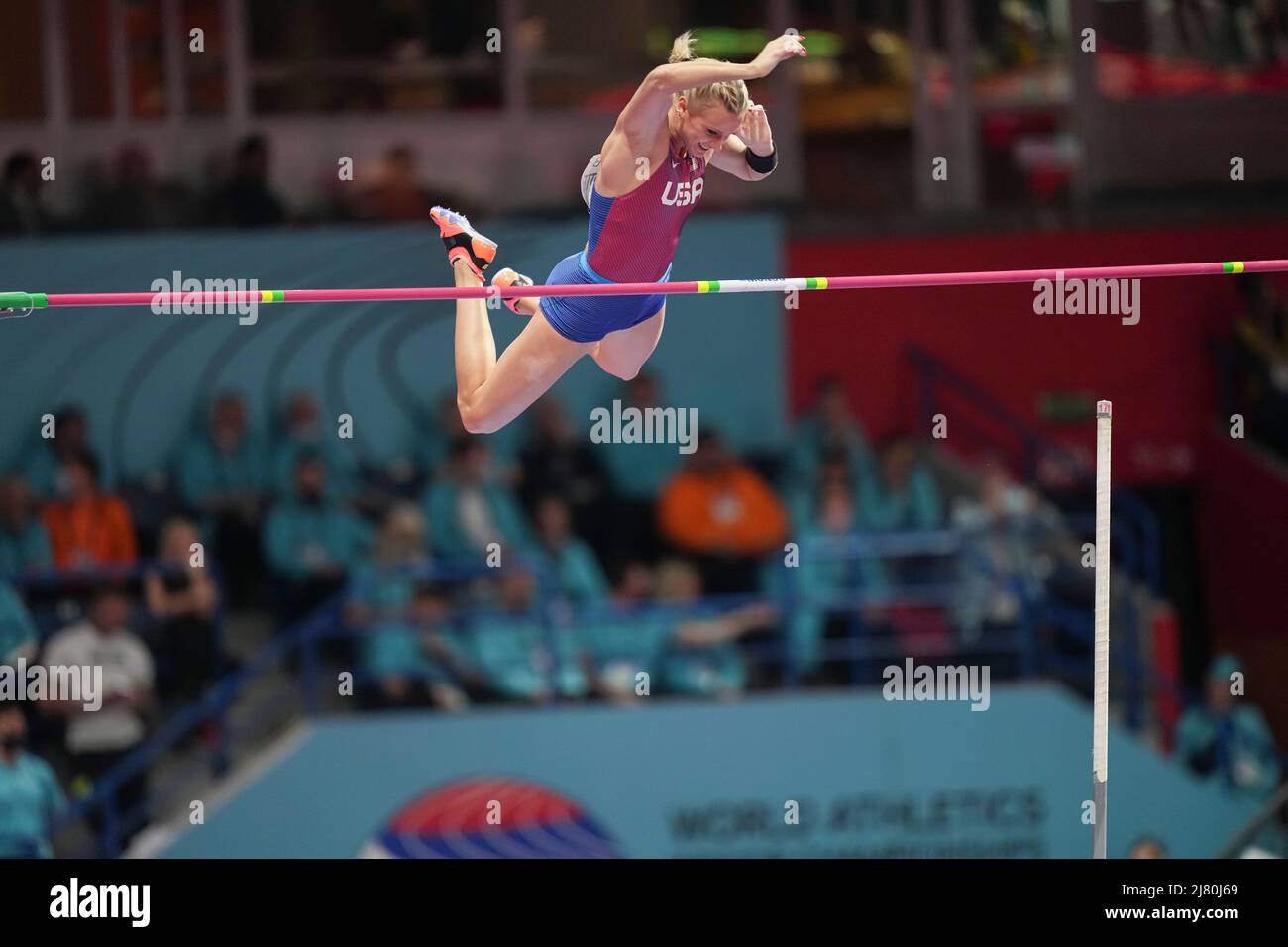Katie Nageotte jumping at the 2022 Belgrade Indoor World Championships ...