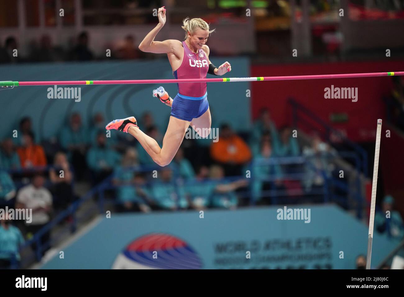 Katie Nageotte jumping at the 2022 Belgrade Indoor World Championships ...