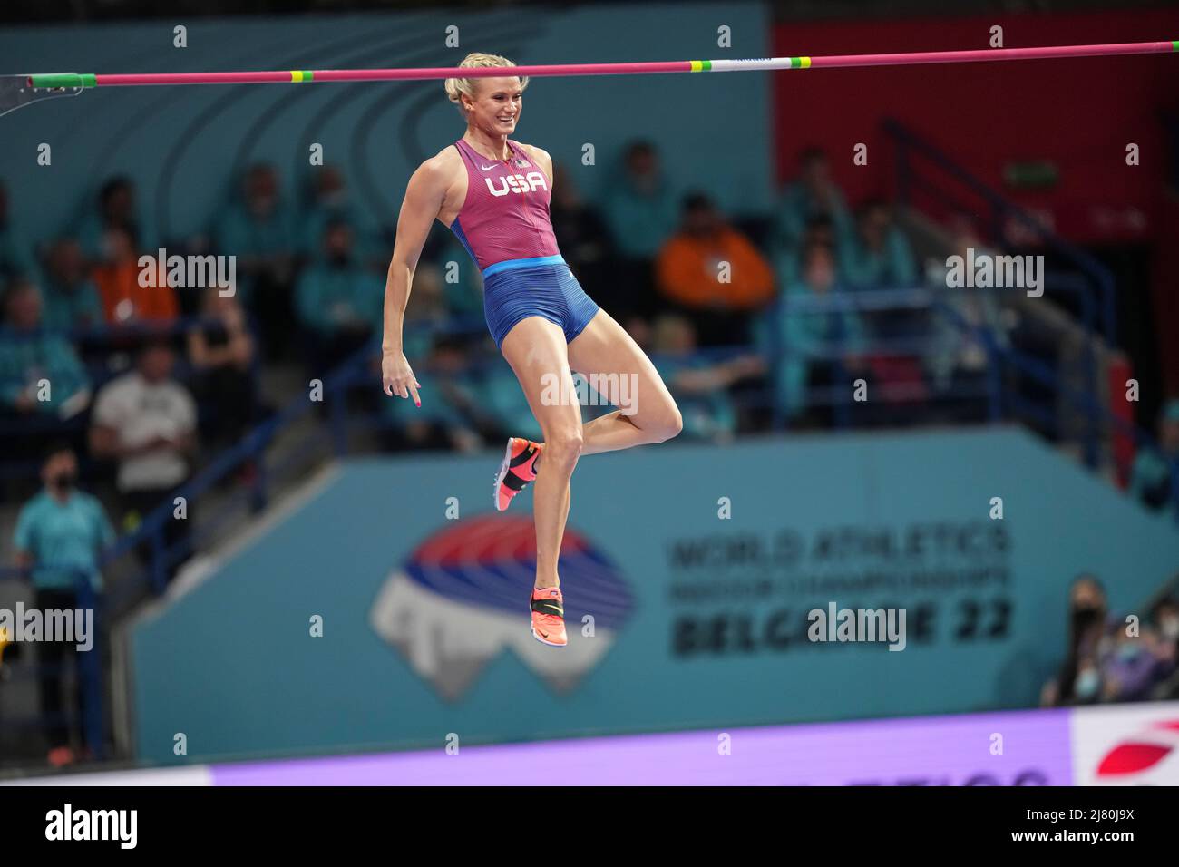 Katie Nageotte jumping at the 2022 Belgrade Indoor World Championships ...