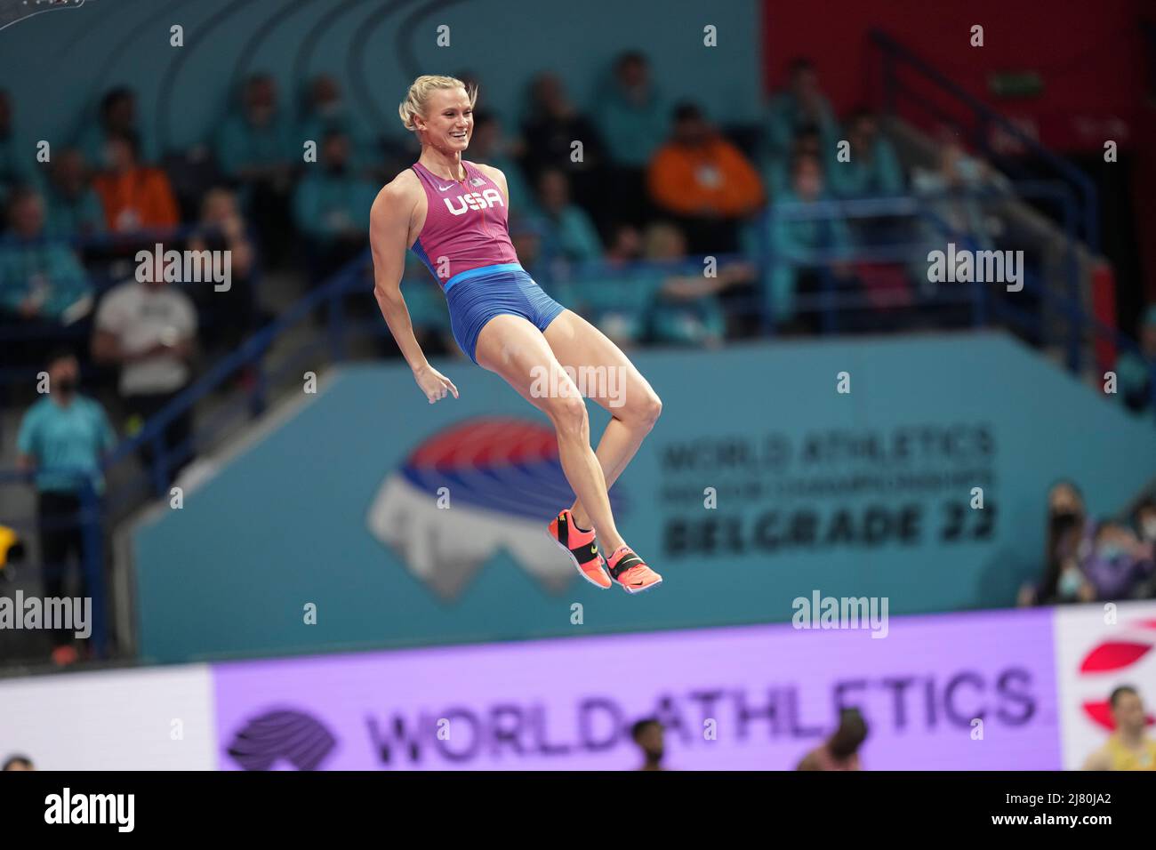 Katie Nageotte jumping at the 2022 Belgrade Indoor World Championships ...