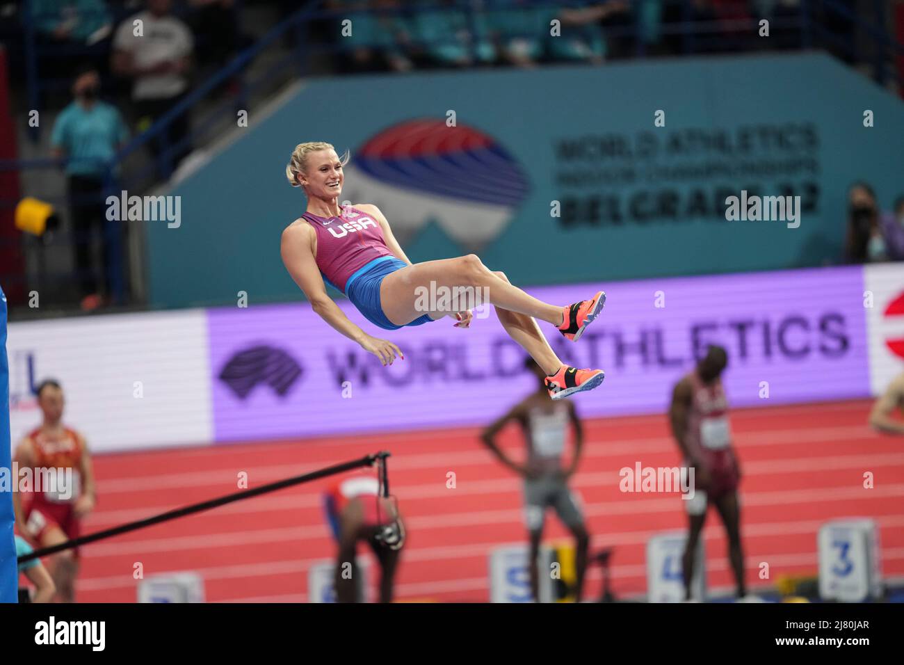 Katie Nageotte jumping at the 2022 Belgrade Indoor World Championships ...