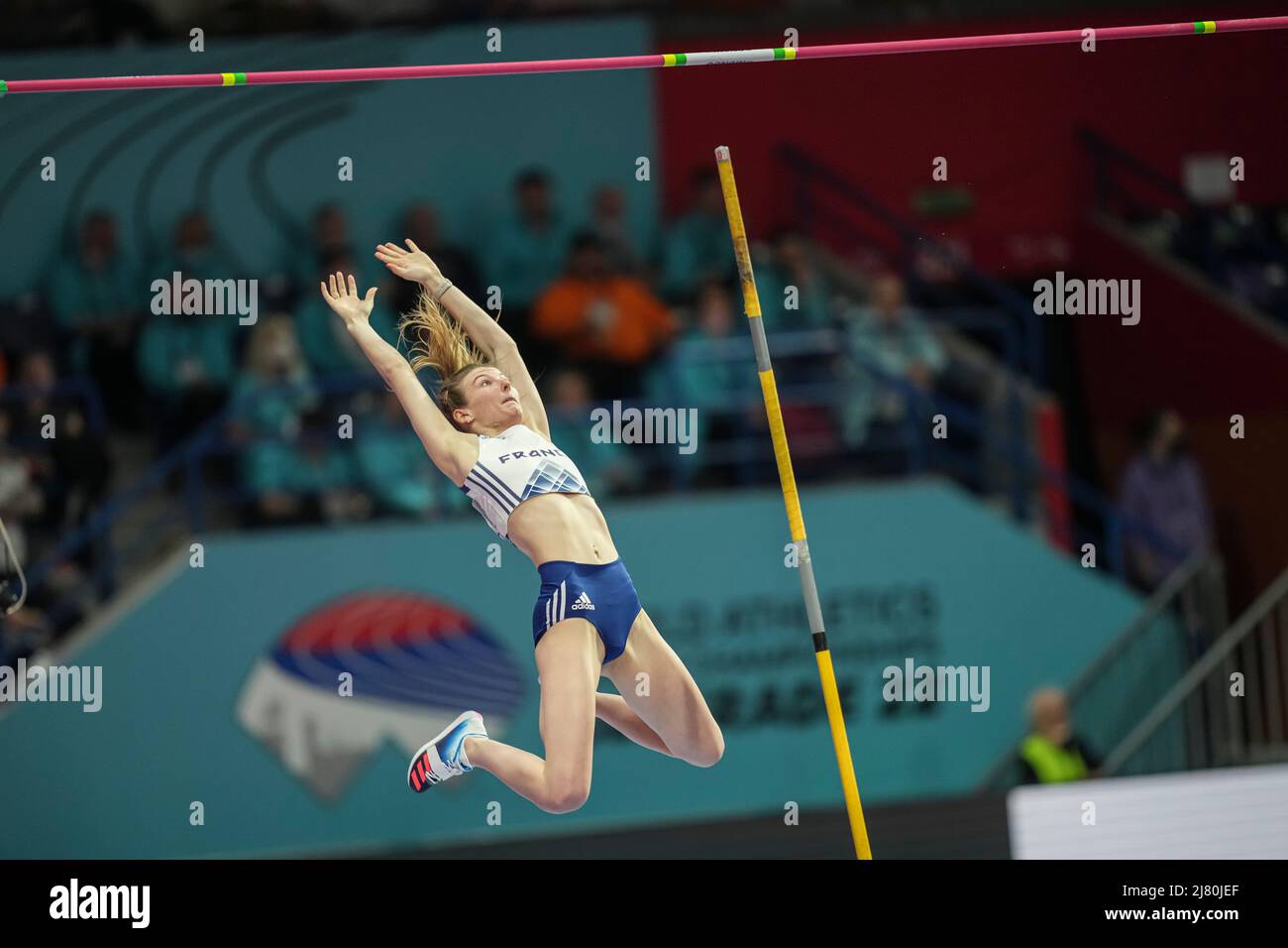 Margot Chevrier jumping at the 2022 Belgrade Indoor World Championships ...