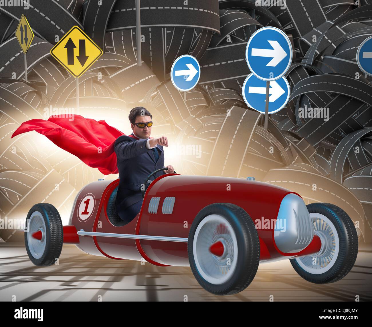 The superhero businessman driving vintage roadster Stock Photo - Alamy