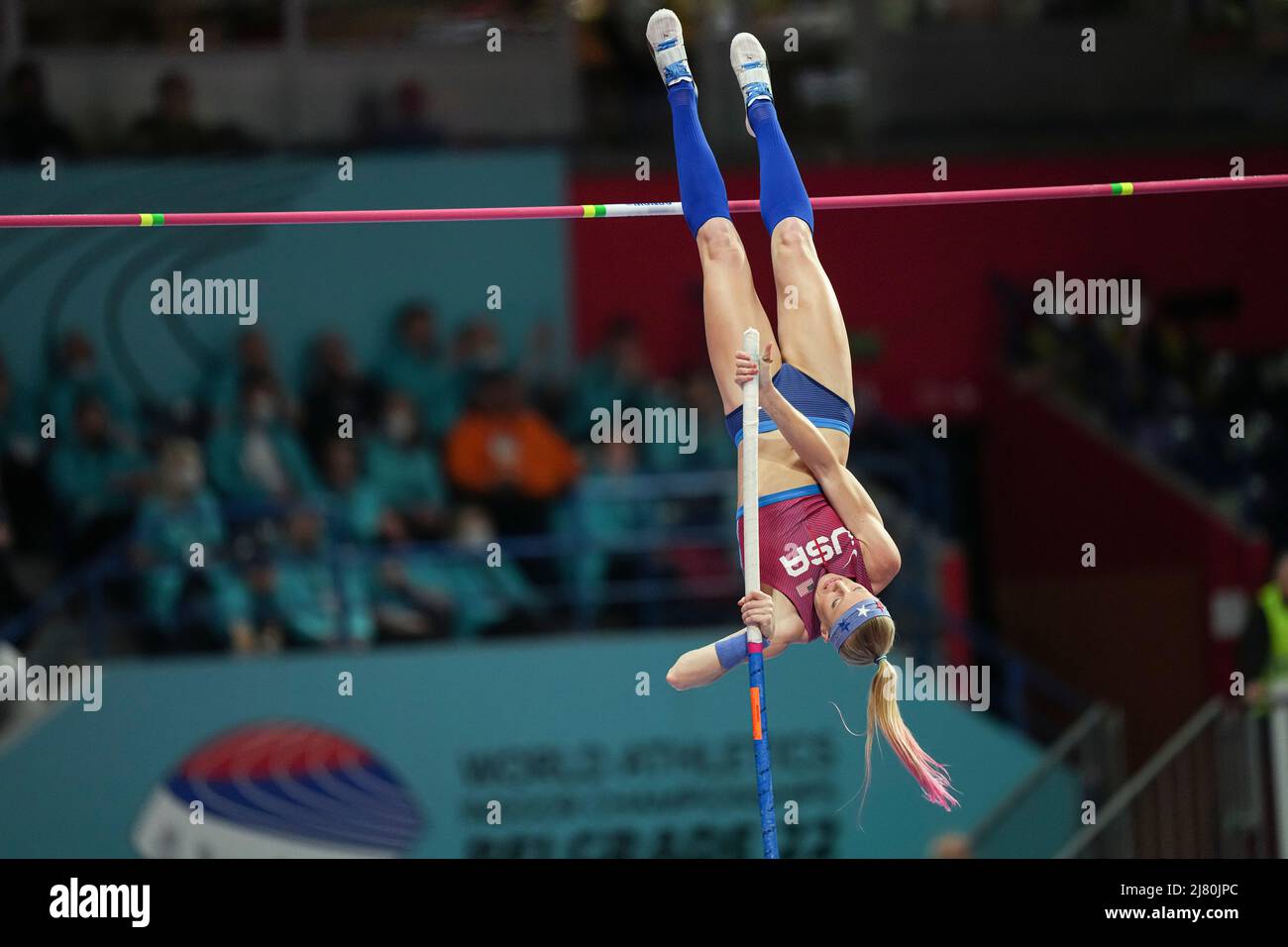 Sandi Morris jumping at the 2022 Belgrade Indoor World Championships in ...