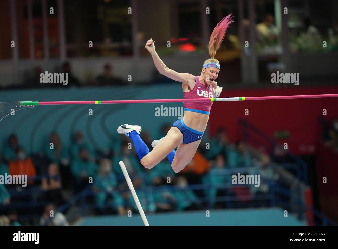 Sandi Morris jumping at the 2022 Belgrade Indoor World Championships in ...
