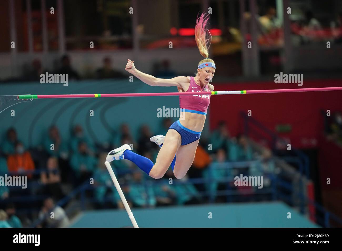 Sandi Morris jumping at the 2022 Belgrade Indoor World Championships in ...