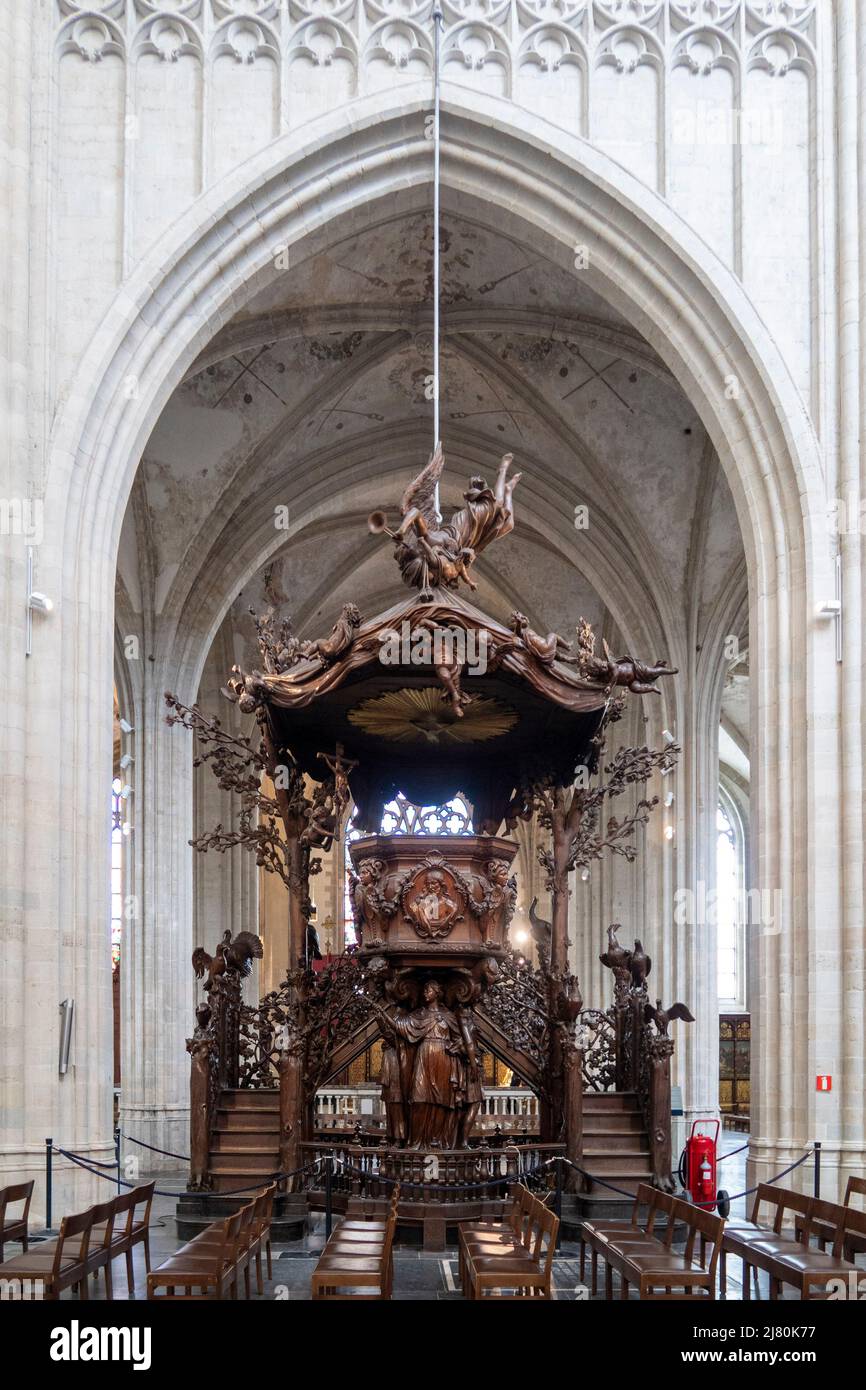 Ornate wooden baroque pulpit inside the Cathedral of Our Lady, Antwerp ...