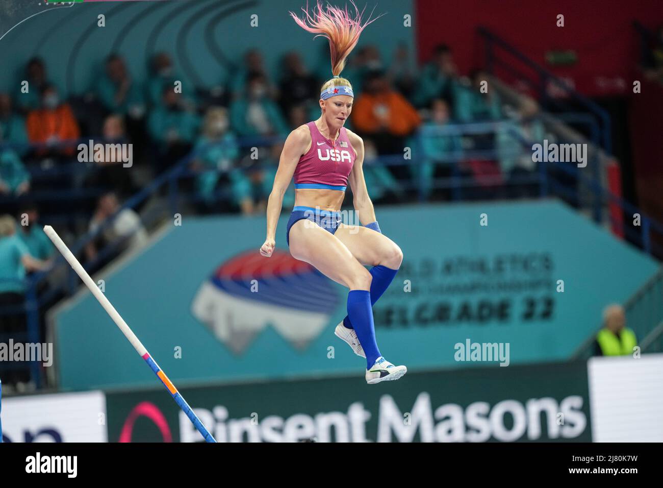 Sandi Morris jumping at the 2022 Belgrade Indoor World Championships in ...