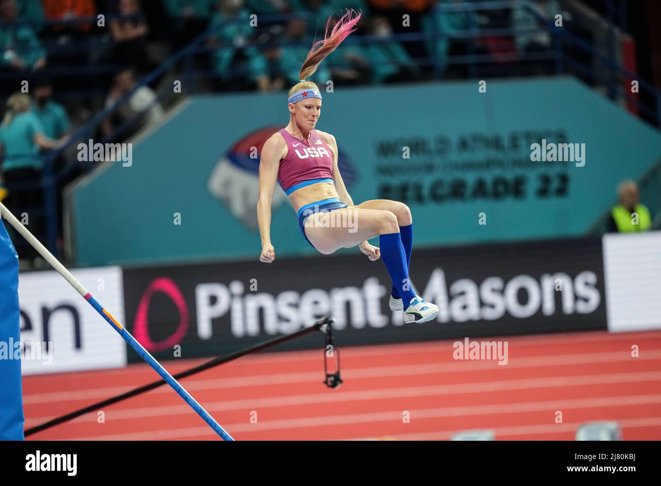 Sandi Morris jumping at the 2022 Belgrade Indoor World Championships in ...