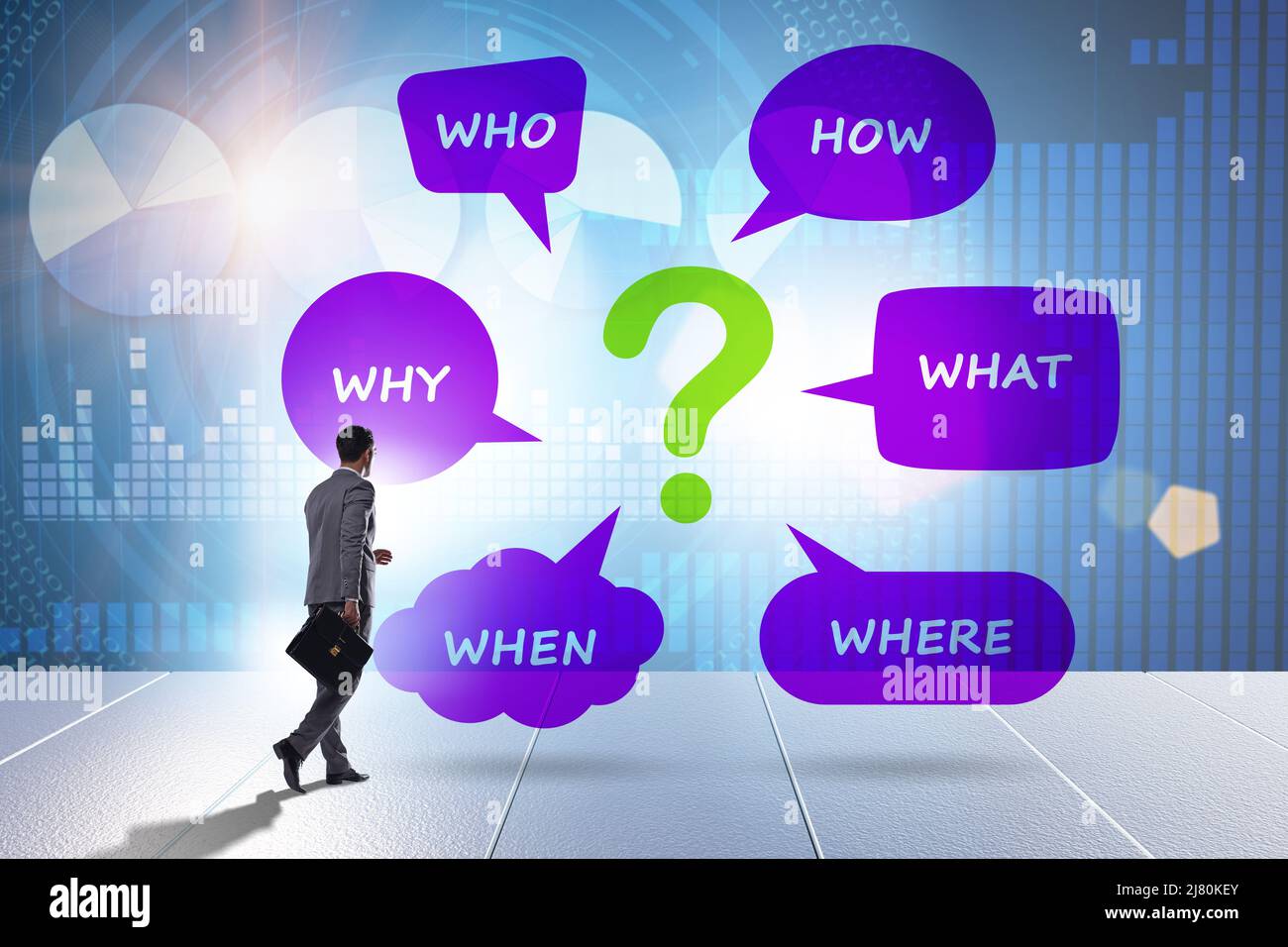 Concept of many questions with the businessman Stock Photo - Alamy