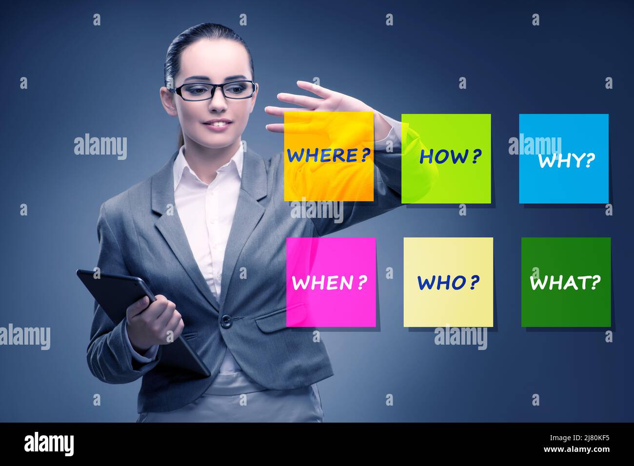 Concept of many different questions asked with the businesswoman Stock ...