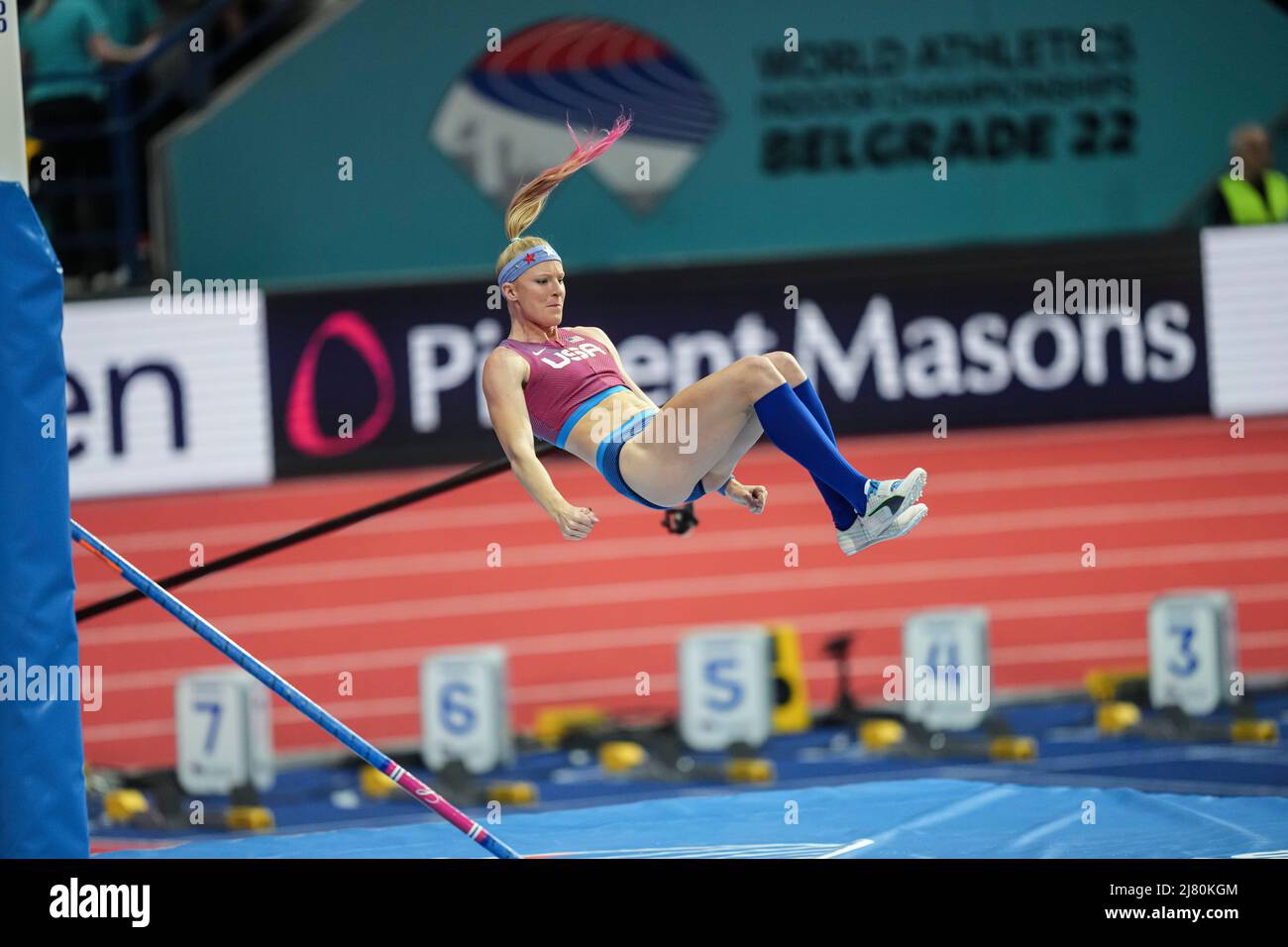Sandi Morris jumping at the 2022 Belgrade Indoor World Championships in ...