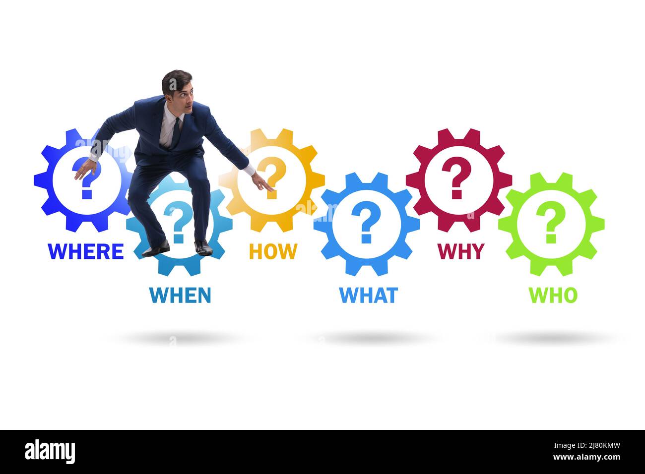 Concept of many questions with the businessman Stock Photo - Alamy