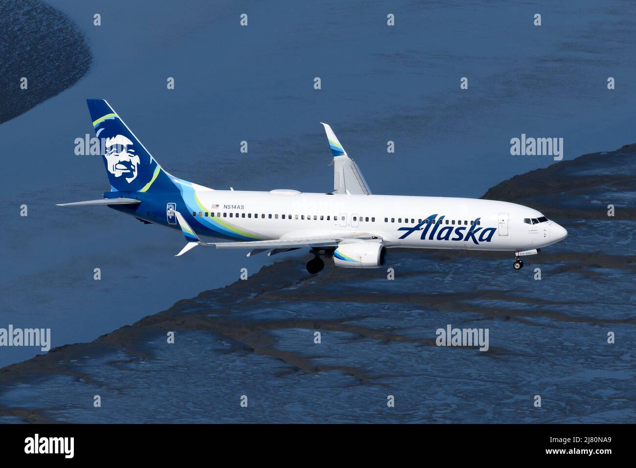 Alaska Airlines Boeing 737 airplane aerial view. Aircraft N514AS ...