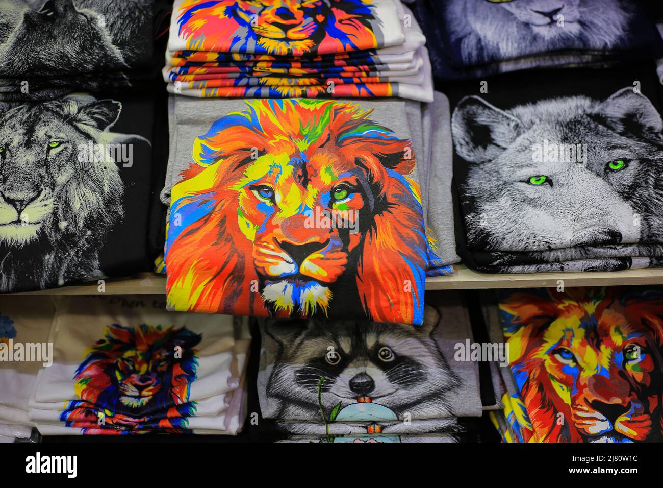The image of a lion on clothes on the shelves in the store Stock Photo ...