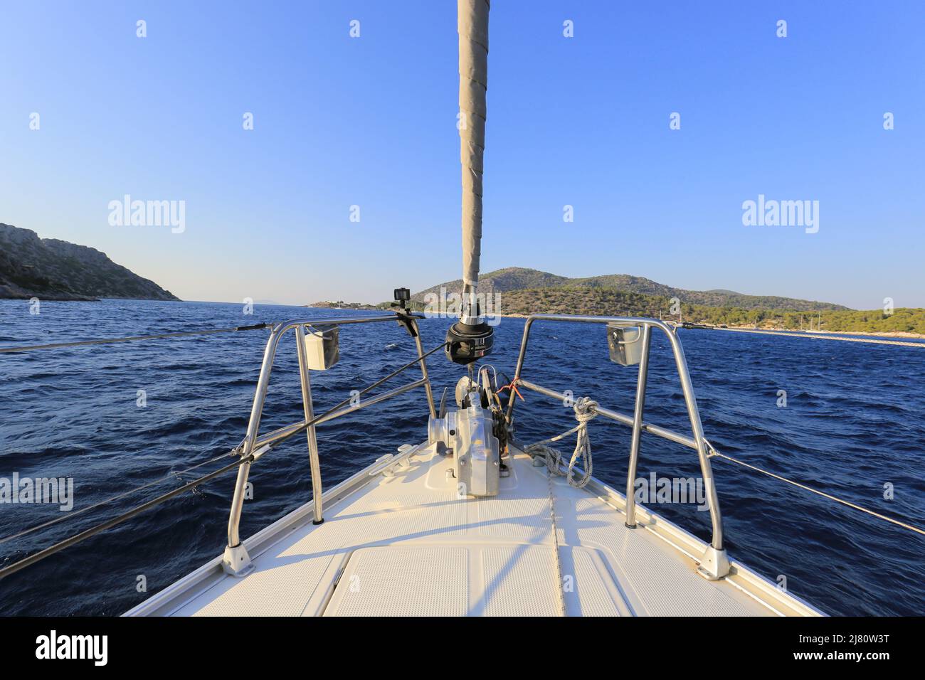 Bow of sailing yacht, view from a sailboat in Greece Stock Photo - Alamy