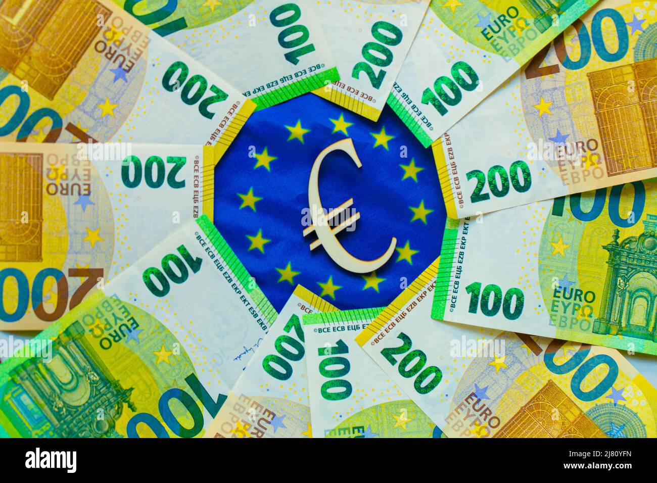 economy and currency of the EU countries. euro bills and the sign on ...