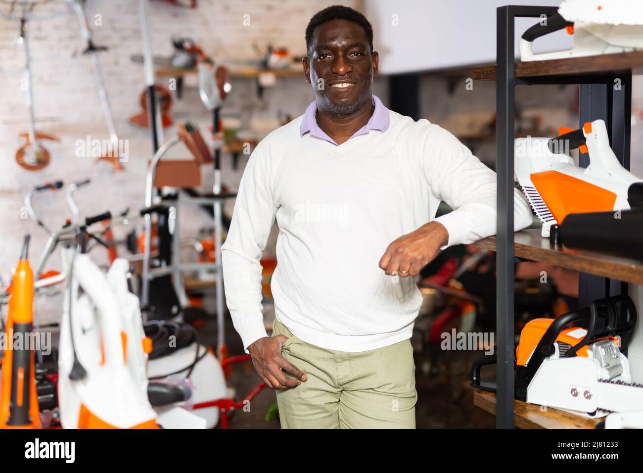 Portrait of african american salesman at tools store Stock Photo - Alamy
