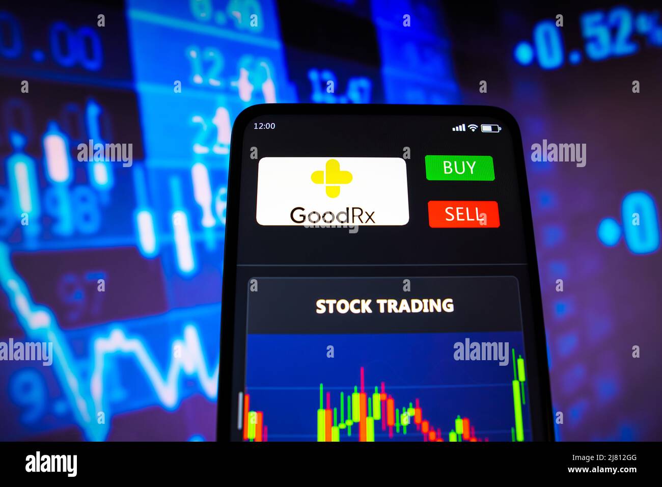 In this photo illustration the stock trading graph of GoodRx Holdings ...