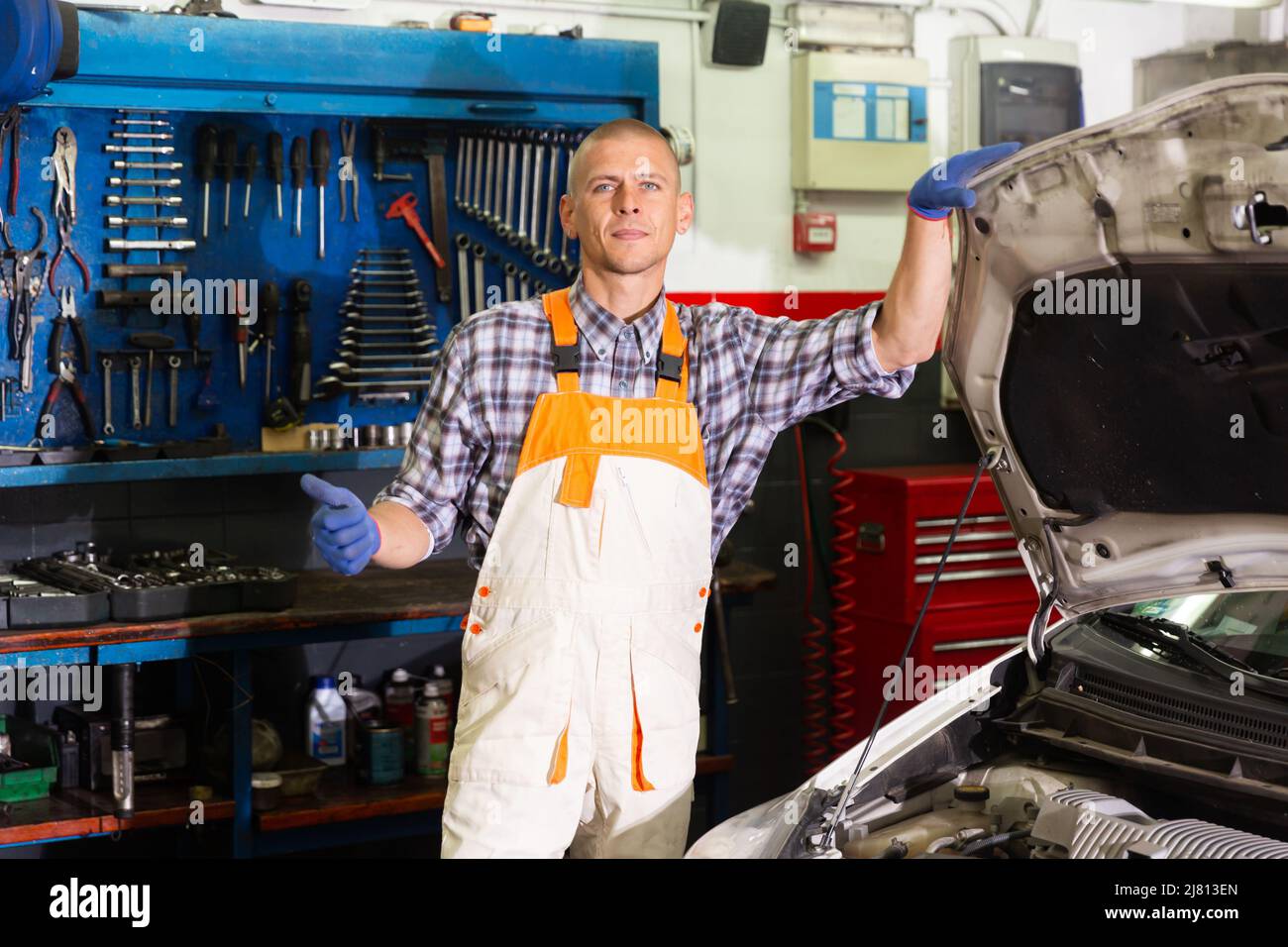 Workman standing near car at auto repair Stock Photo - Alamy