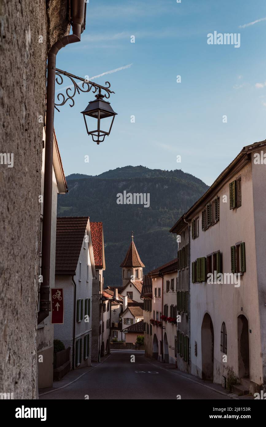 Maienfeld Switzerland. 9. July 2018 View of the town centre and ...