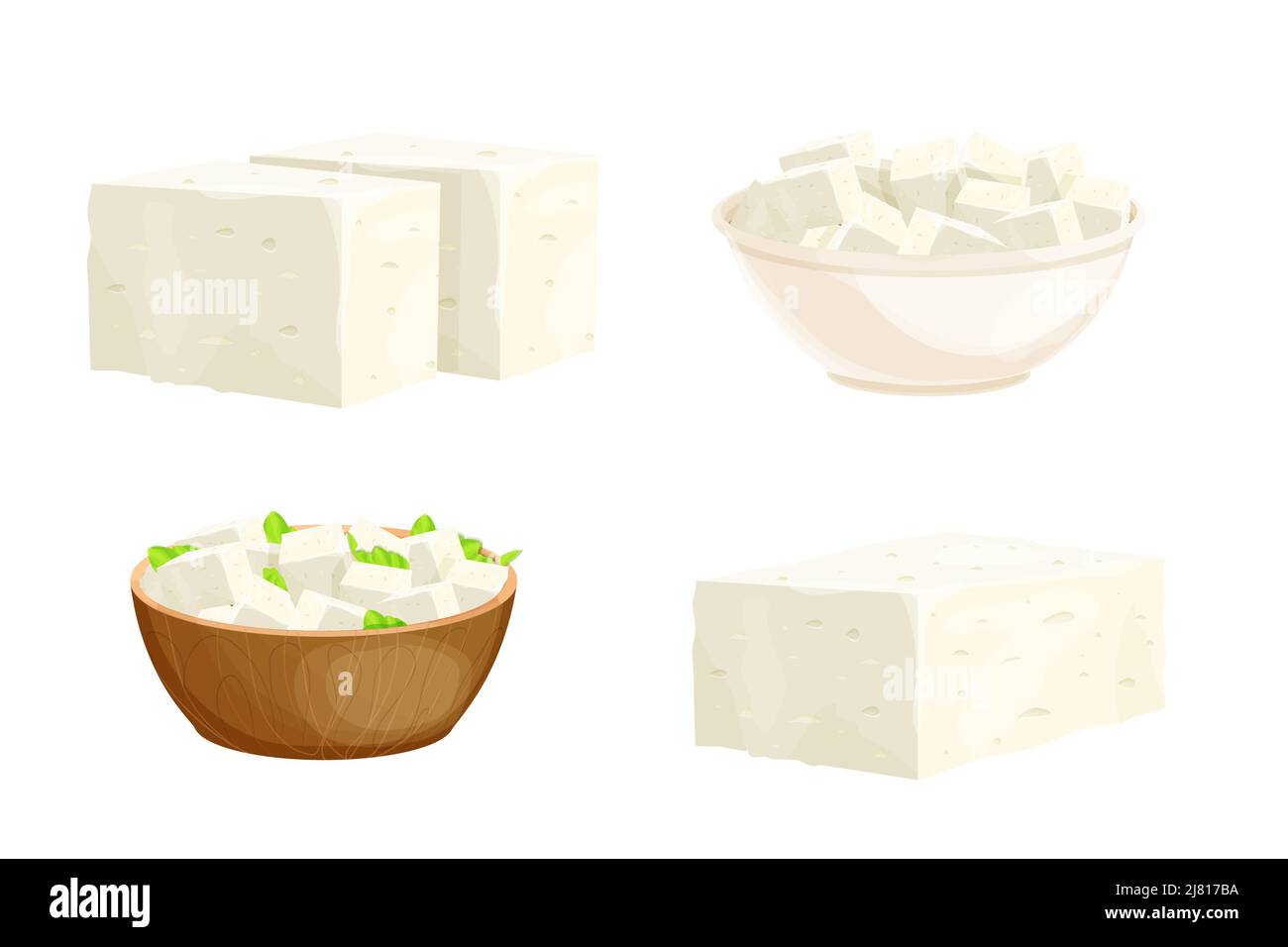 Set feta cheese pieces, tofu portion in bowl in cartoon style detailed ...