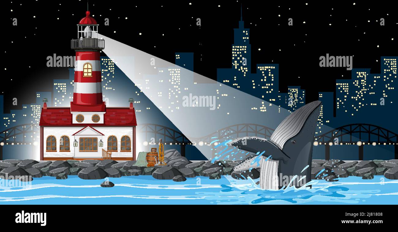 Lighthouse at night scene illustration Stock Vector Image & Art - Alamy