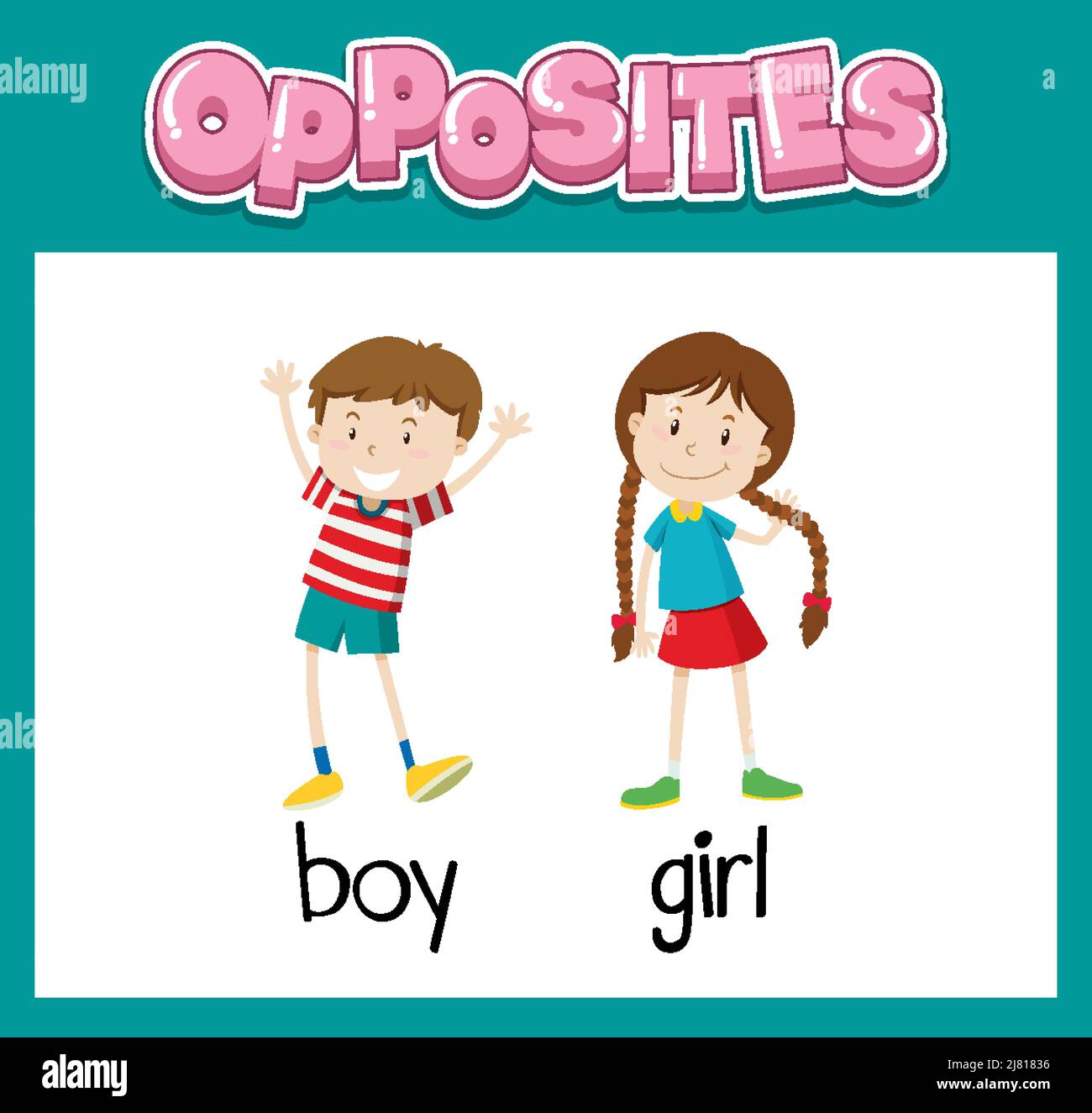 Opposite English words with boy and girl illustration Stock Vector ...