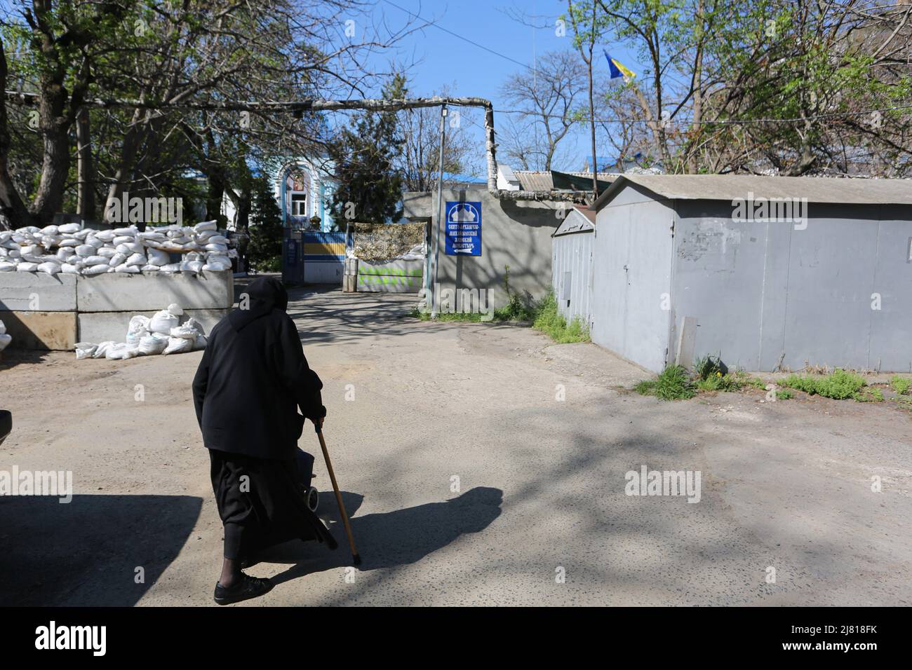 An elderly nun in a black cassock with a stick and a wheelbarrow in her ...
