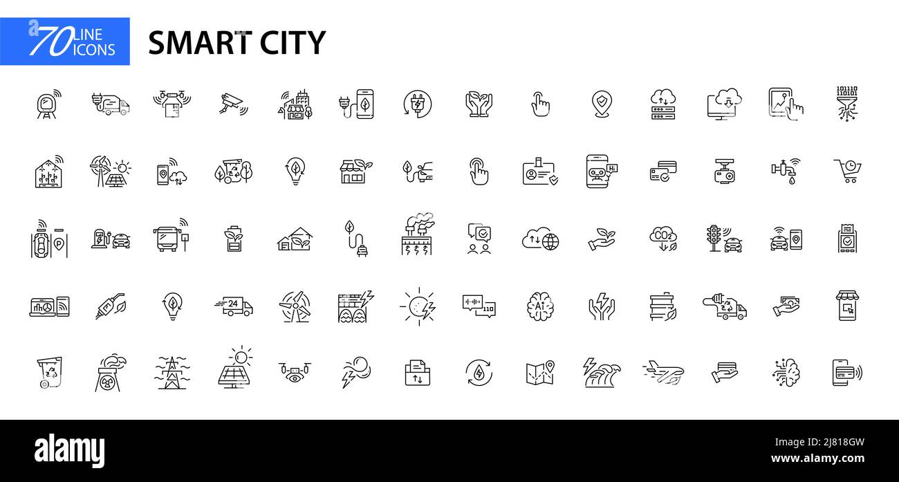 Smart sustainable city icons set. 70 line art pixel perfect editable ...