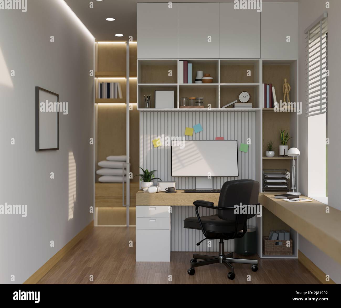 Modern minimal home working room with pc desktop computer mockup ...