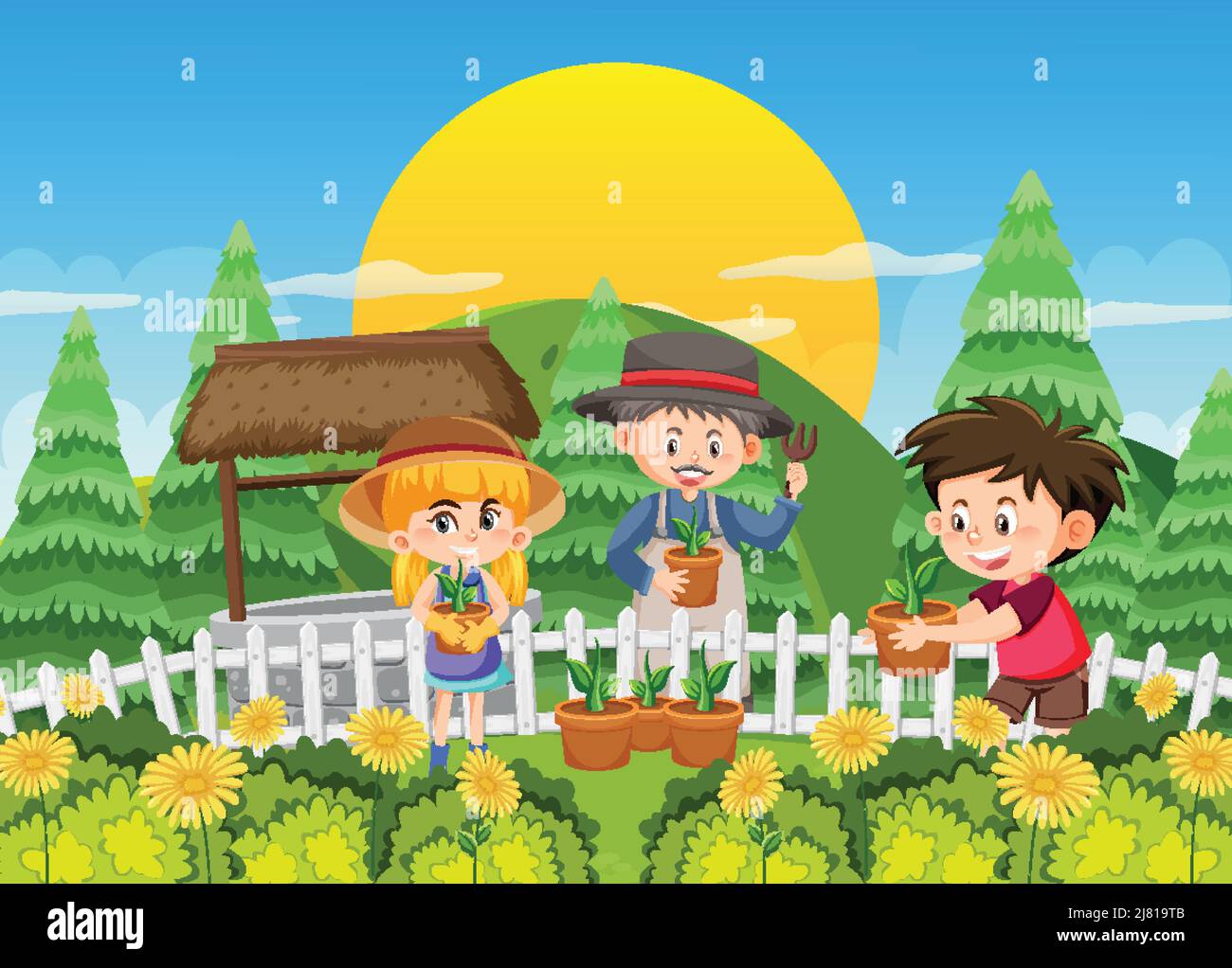 Happy people in the park gardening illustration Stock Vector Image ...