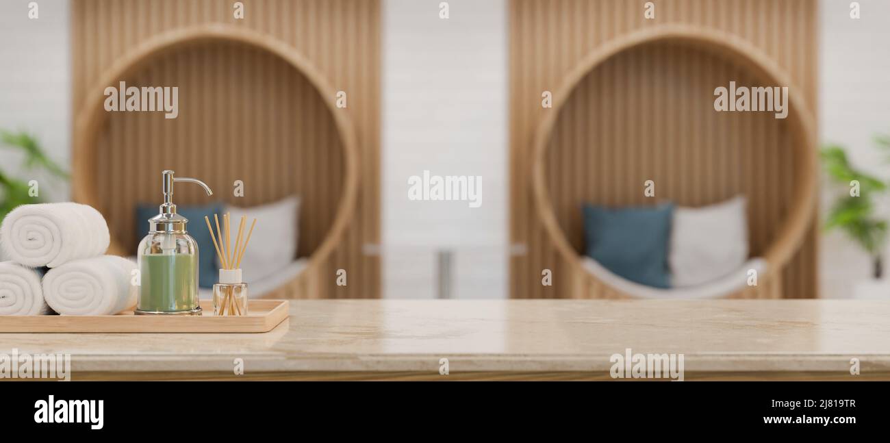 Tabletop with spa accessories and copy space for montage product ...