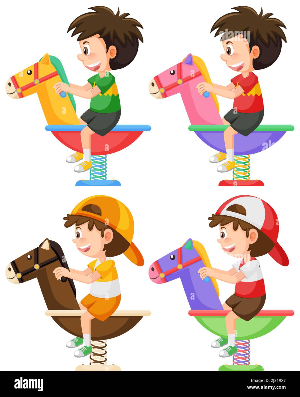 Set of kids riding on different spring rocking horses illustration ...