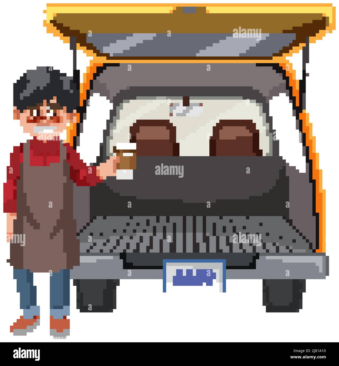 Man with coffee cup in the back of van illustration Stock Vector Image ...