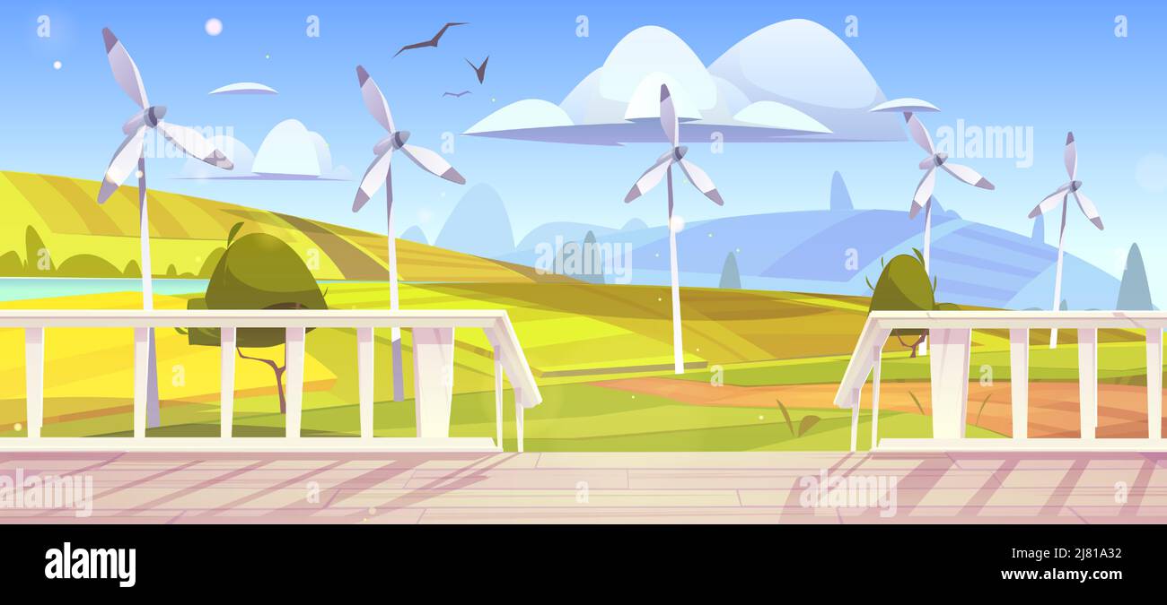 Rural landscape with wind turbines and white wooden house porch. Vector ...