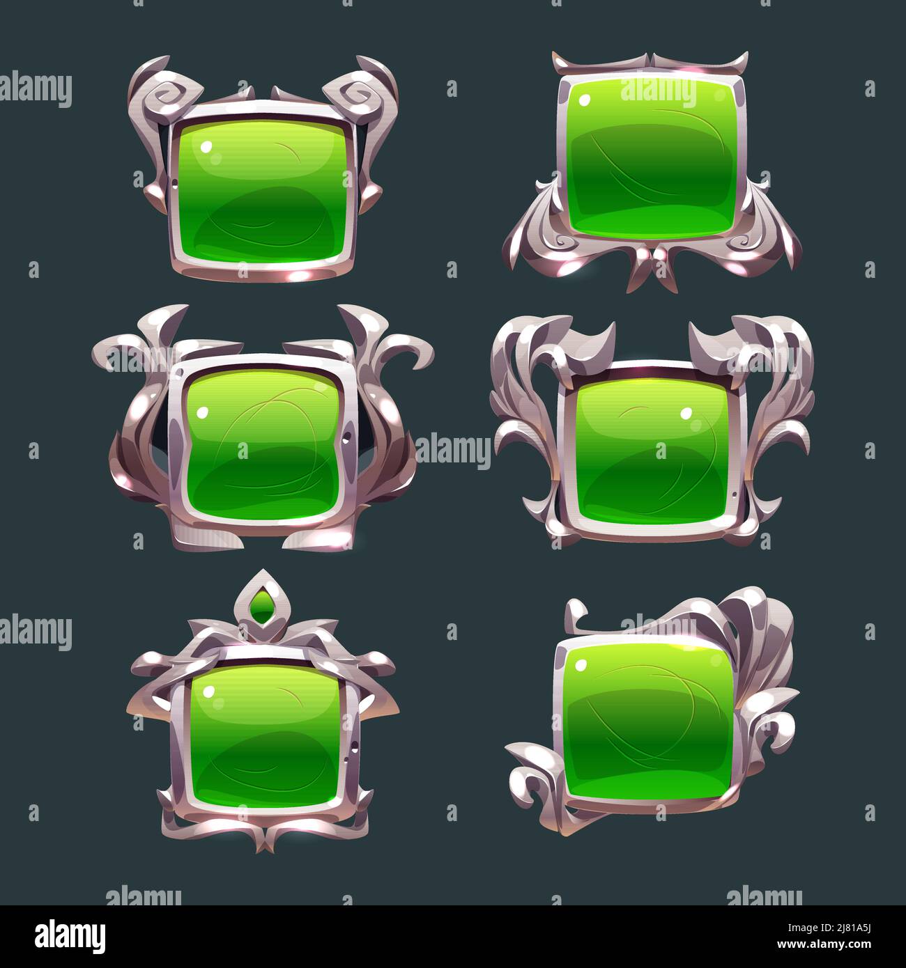 Game ui frames, green medieval borders with metal silver vignette. Interface menu square buttons ...