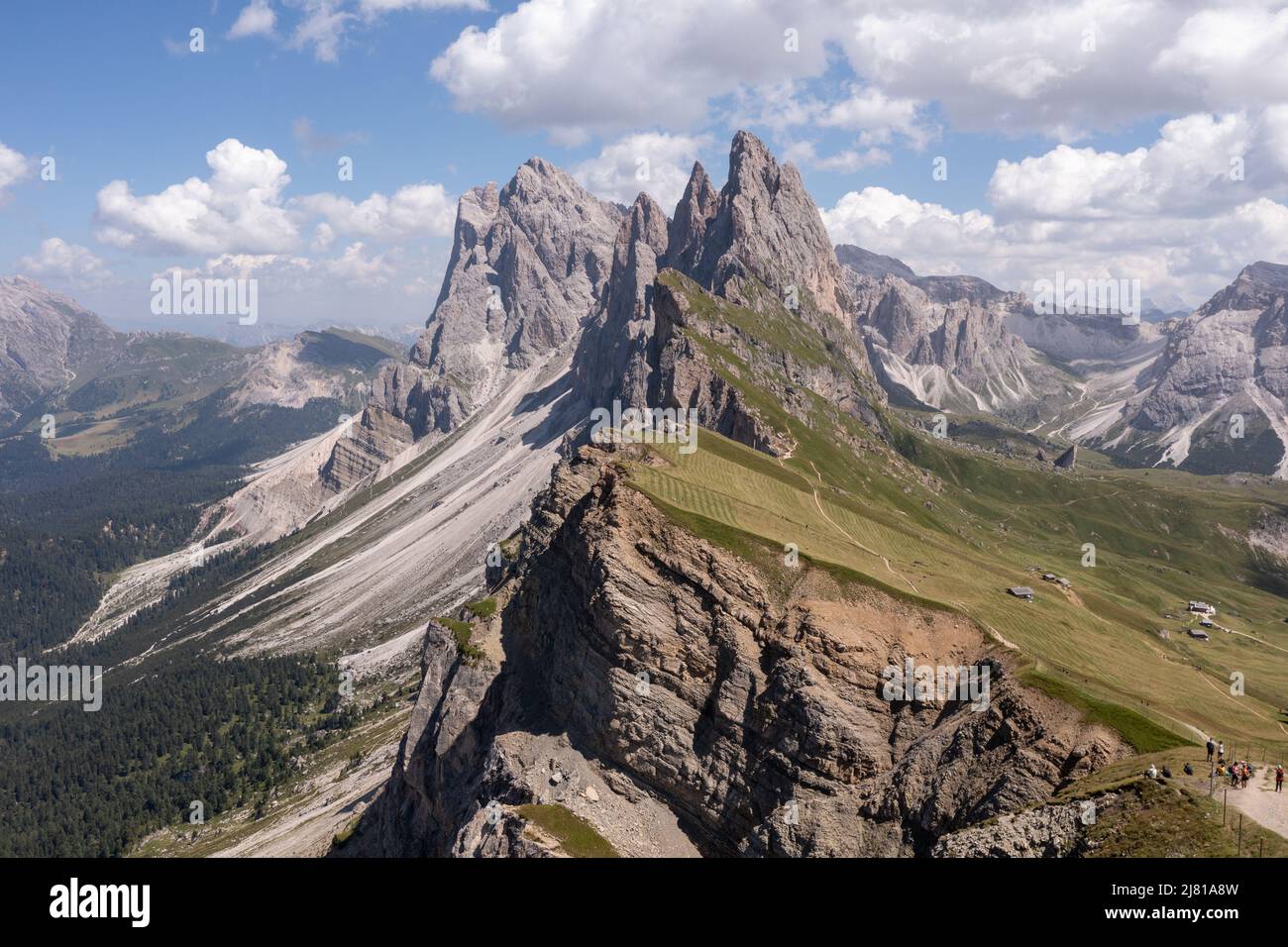 Morning view of the Gardena valley in Dolomite mountains. Location Puez ...