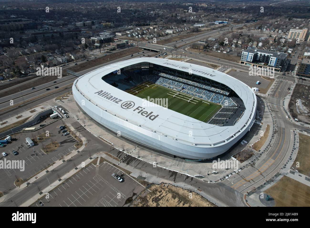 An aerial view of Allianz Field, Saturday, Apr. 2, 2022, in Saint Paul ...