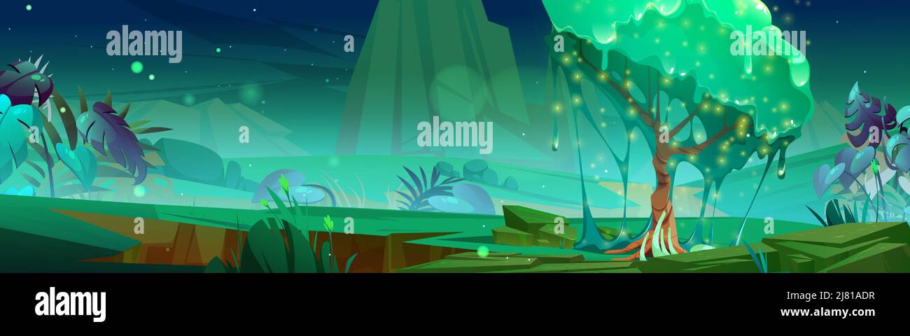Fantasy game landscape of alien world with tree with green dripping ...