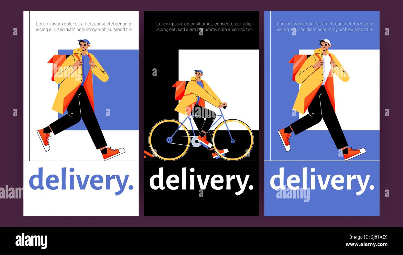 Delivery posters with man courier with backpack walk and ride on bike ...