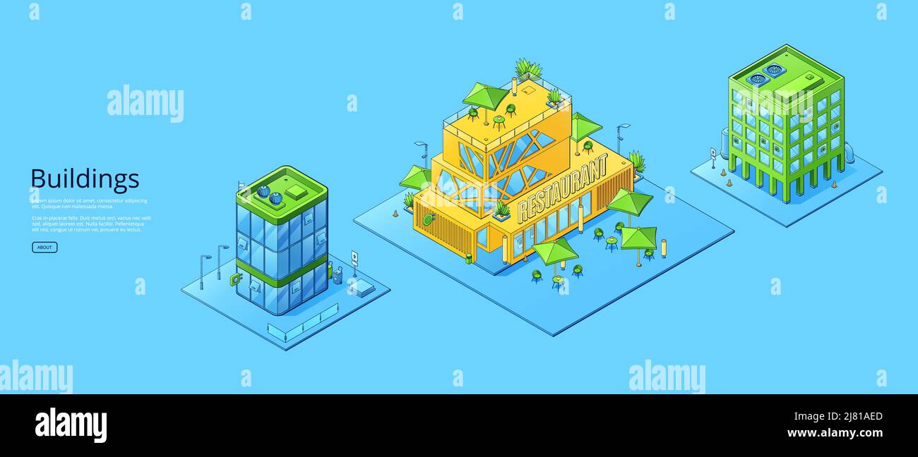 Buildings banner with isometric restaurant, office and store isolated ...