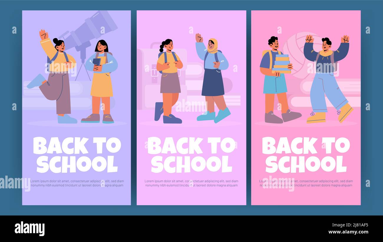 Back to school posters with young students greeting each other. Vector ...
