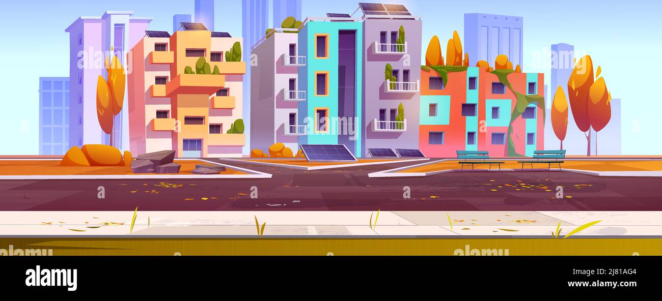 Eco city district with solar panels on houses and garden on buildings ...