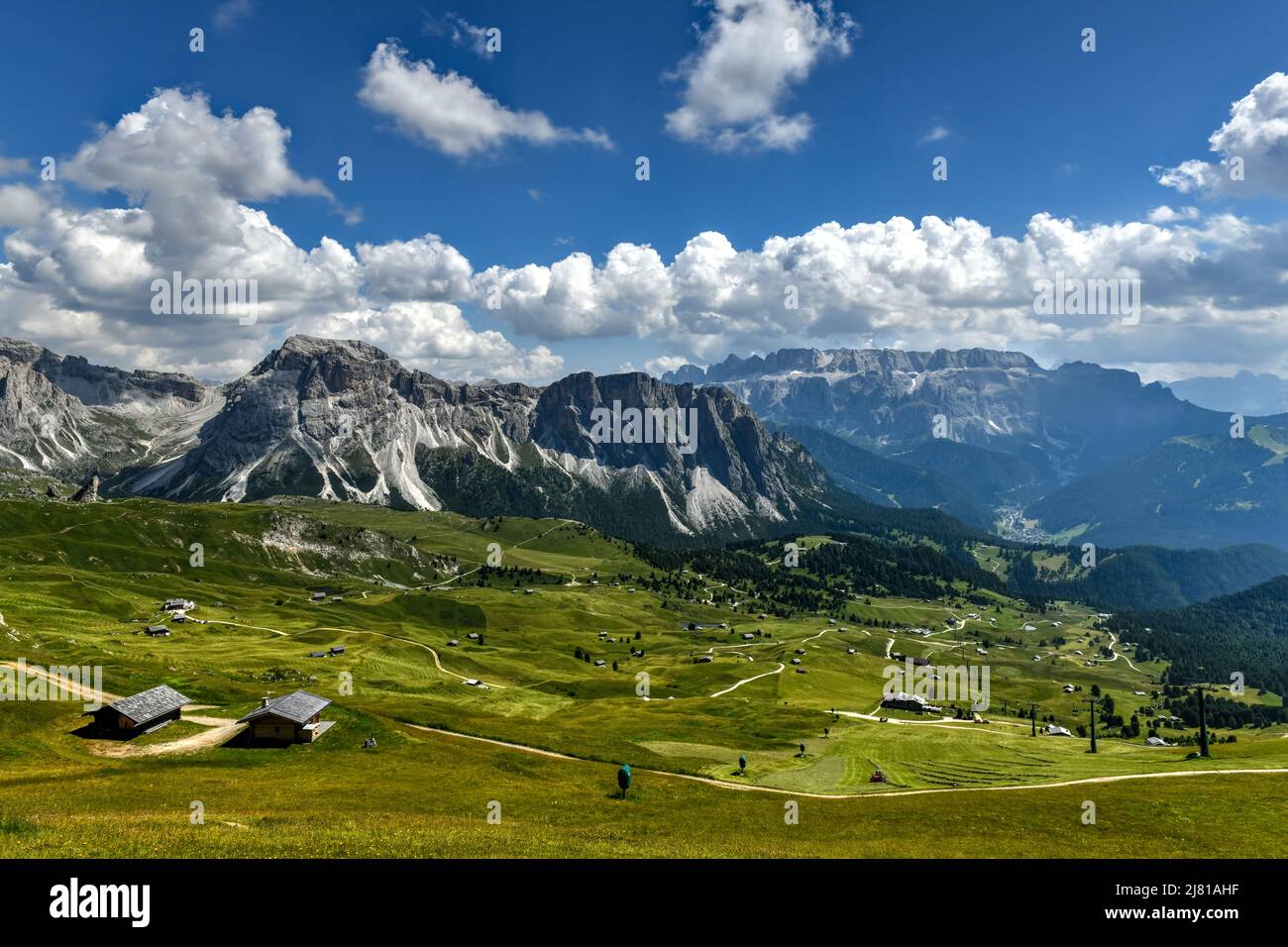 Morning view of the Gardena valley in Dolomite mountains. Location Puez ...