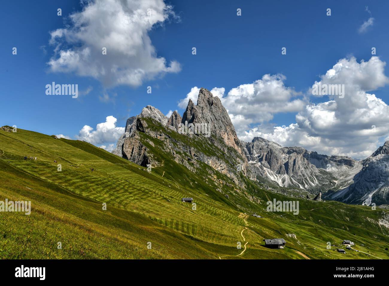 Morning view of the Gardena valley in Dolomite mountains. Location Puez ...