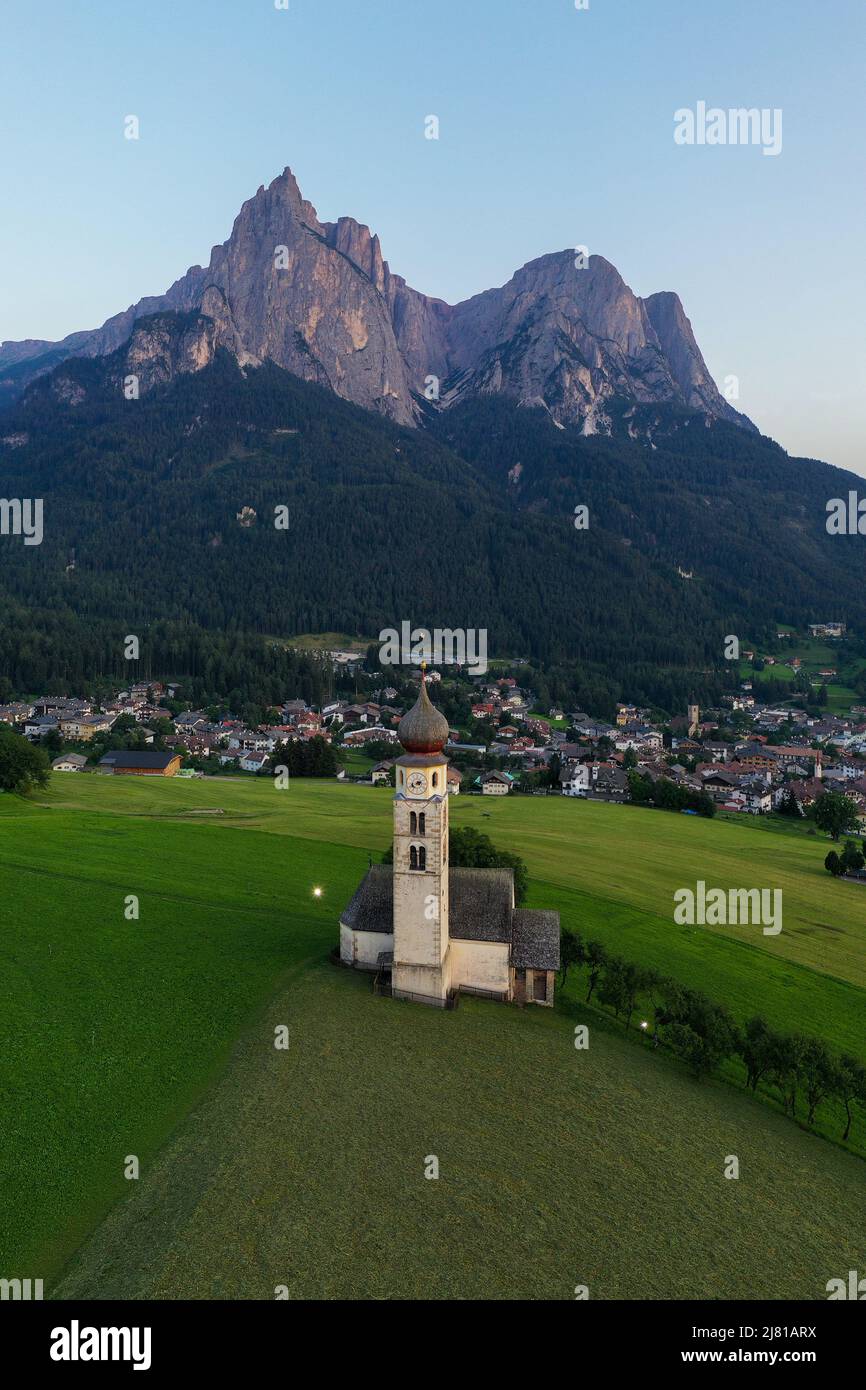 St. Valentin (Kastelruth) Village Church in the summer in the Dolomite ...