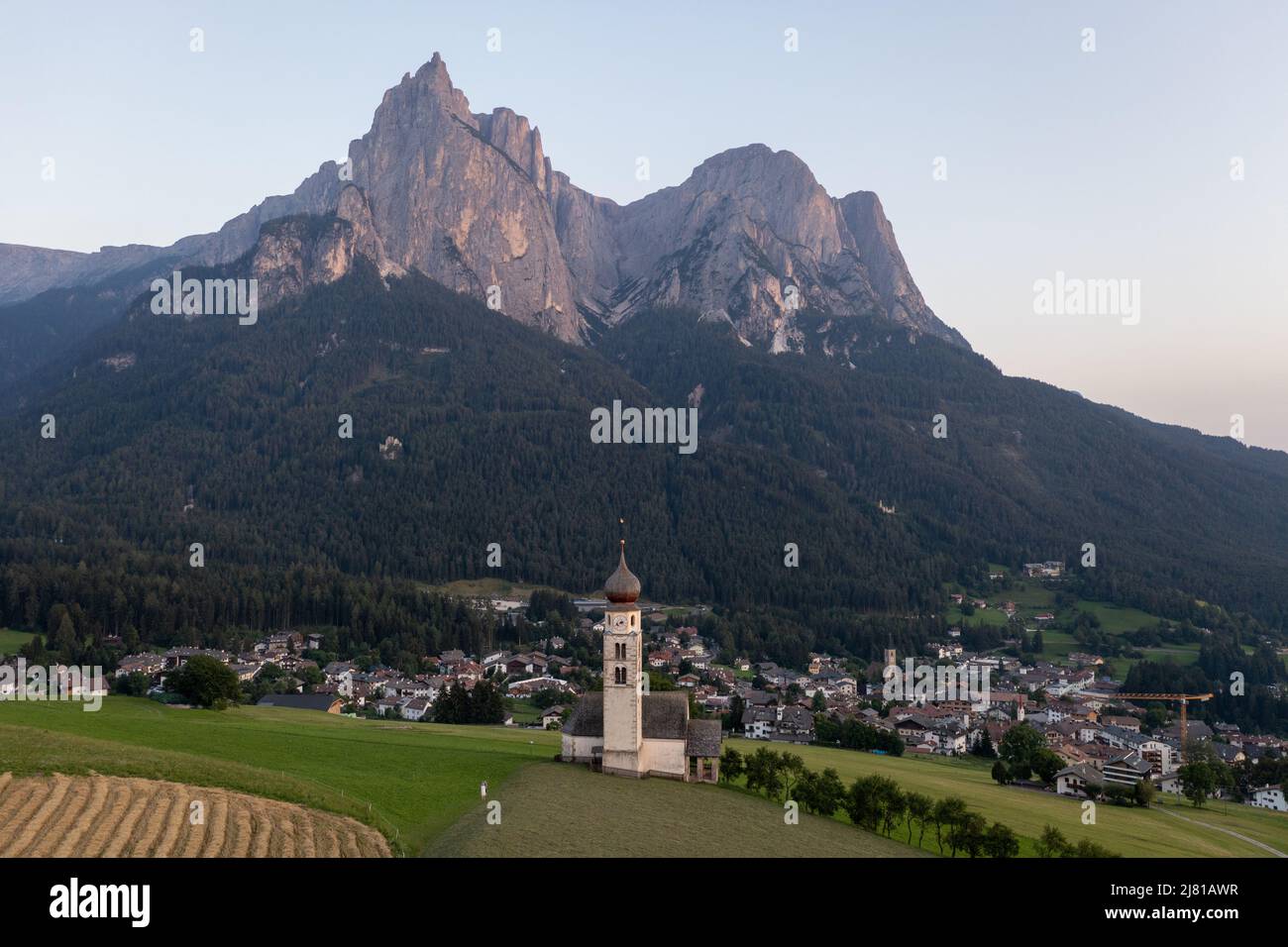 St. Valentin (Kastelruth) Village Church in the summer in the Dolomite ...