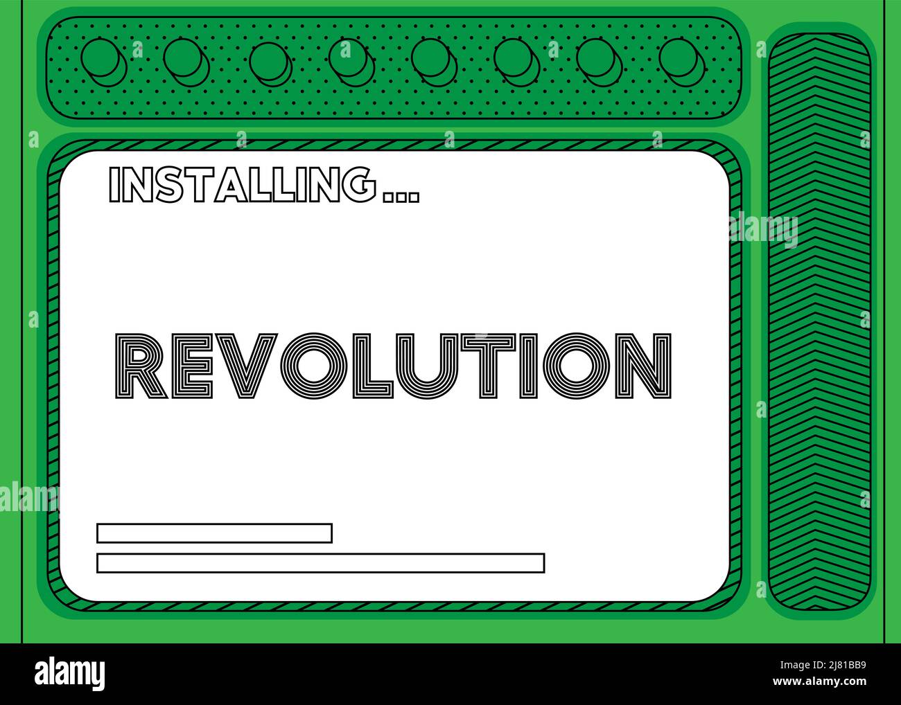 Cartoon Computer With the word Revolution. Message of a screen displaying an installation window ...