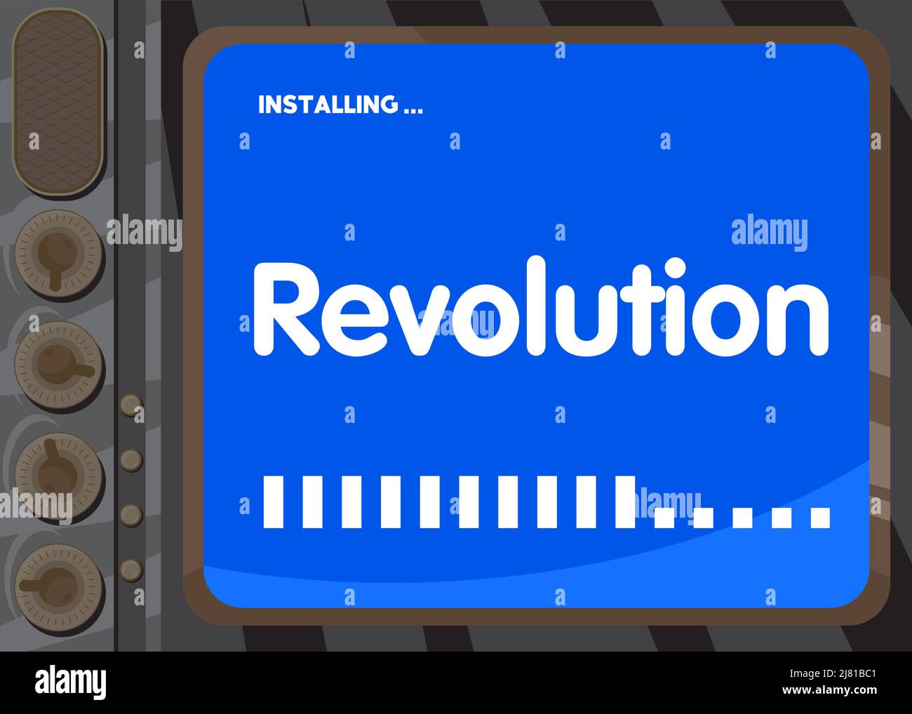 Cartoon Computer With the word Revolution. Message of a screen ...